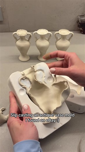 Slip casting antique vases from an eBay mold 🏺 Antique form, modern impatience. The fourth cast didn’t get enough drying time and gently reminded me who’s in charge. #pottery #slipcasting #fyp #antique #antiquestorefinds