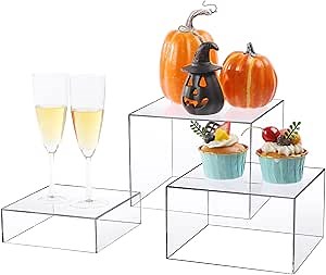 Clear Acrylic Cubes Display Box, 3pcs Stackable Risers Display Stands, Crystal Buffet Riser Food Stand for Party, Neon Nesting Display Riser for Collectibles Jewelry Home Decor, size-6" 7" 8"