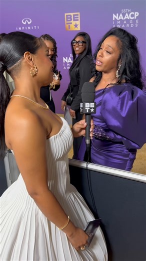 The sisterhood is one of one. Thee #DomiNquePerry came through with the sleeve, the look, and the #DiarrafromDetroit energy during her interview with #KylaPratt at the #NAACPImageAwards. Catch our good sis in the series premiere of #DiarrafromDetroit TOMORROW on BET . 🙌🏾 | BET