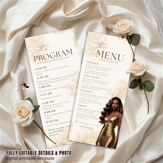 Editable Menu and Program Template White Gold Birthday Dinner Menu Cards With Photo Retirement Party Program Printable Adult Floral Menu - Etsy