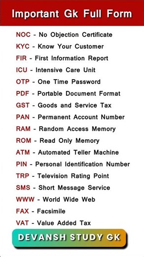 Important Gk Full Form | Gk Questions and Answers | #gk #staticgk #gkquestion