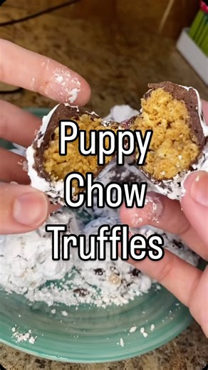 Sarah marie on Instagram: "Puppy Chow Truffles! Ingredients: 1 cup peanut butter 1/3 cup powdered sugar 4 cups rice Chex cereal crushed Coating: 2 cups semi sweet chocolate chips (melted) 1/2 cup powdered sugar Heat peanut butter and powdered sugar in a bowl in the microwave for 30 second Increments (mix inbetween) until smooth. Crush 4 cups rice Chex and mix in peanut butter mixture. Refrigerate 30 mins. Scoop onto parchment lined pan using a 1 inch cookie scooper. Microwave chocolate in 30 sec
