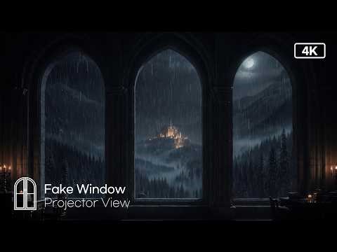 Fake Window Projector View 🌧️ Heavy Rain at a Distant Castle 4K | Sleep, White Noise