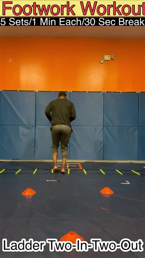Boxing Footwork Drills 5 rounds, each drill is 1 minute and rest 30 seconds between each drill. 1. Ladder Two-In-Two-Out 2. Cone Box Drills 3. Ladder Scissors 4. Cone Suicide Touches (forward sprints) 5. Ladder Single-Leg Hops (alternate) 6. Cha-Cha