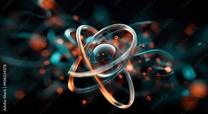 Stylized depiction of an atom with a central nucleus and orbiting particles, featuring glowing lines and dynamic energy visuals.
