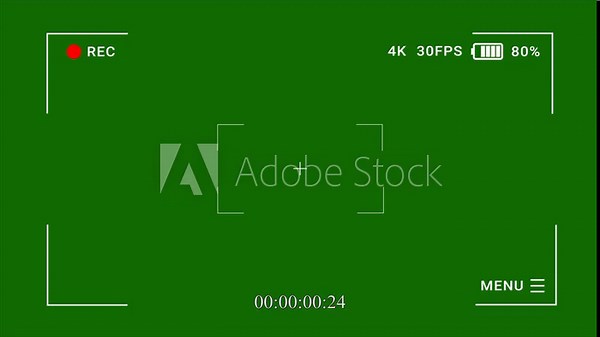 Camera viewfinder recording screen animation on green screen. Digital REC overlay with focus frame, timer, battery icon, and display elements ready for chroma key editing and video production