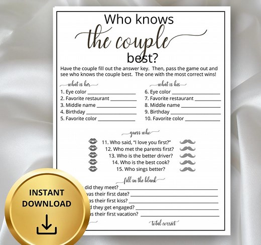Who Knows the Couple Best, Printable Engagement Game, Who Knows the Husband and Wife Best, Anniversary Game, Bridal Shower Couples Quiz Game - Etsy