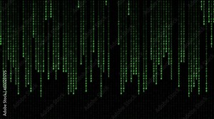 Binary green code on black background. Moving digits on screen. Concept of digital age. Algorithm, data code, decryption and encoding, row matrix, future, animation. Digital computer graphic motion.