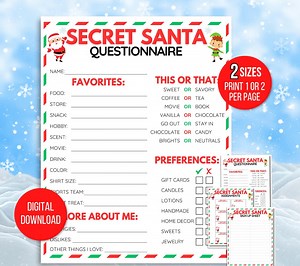 Secret Santa Questionnaire, Printable Secret Santa Questions, Gift Exchange Questionnaire, Christmas Party, Work Secret Santa Questionnaire - Etsy