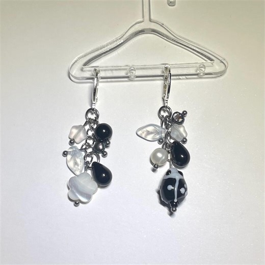 Black White Ladybug Mismatch Earrings – Glass, Pearl, Shell Beads, Sterling Silver Plated Brass Hoops - Etsy