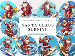 Watercolor Santa Claus Surfing Clipart Bundle: 20 PNG Designs (digital Download) - Etsy