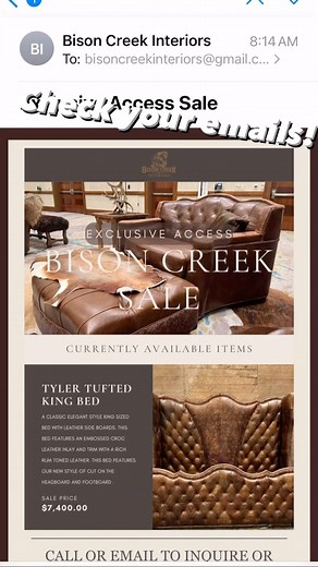 1.2K views · 29 reactions | Check your emails, y’all! Exclusive inventory sale going on! 怜 (830) 431-1080 怜 www.bisoncreekinteriors.com 怜 bisoncreekinteriors@gmail.com American Made and Proud of It  | Bison Creek Interiors | Facebook
