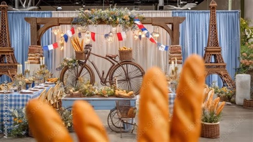 A charming, themed display featuring a bicycle, Eiffel towers, and table settings