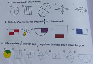 Colour one-fourth of each shape.a)b)c)d)e)Circle th... | Filo