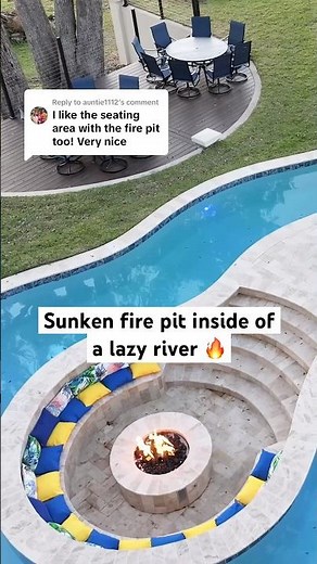 Sunken fire pit inside of a lazy river swimming pool #backyard #landscapedesign #firepit