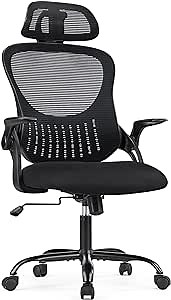 OLIXIS Ergonomic Office Chair, High-Back Mesh Computer Desk Chair with Wheels, Adjustable Headrest and Flip-Up Arms, Swivel Comfy Padded Rolling Task Chairs for Home Study Bedroom Gamer, Black