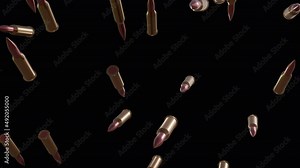 Many bullets falling down on transparent background. Alpha channel.