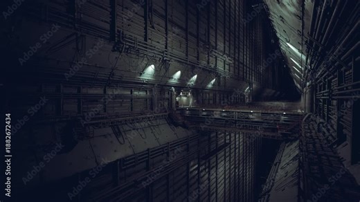 Narrow dystopian corridor illuminated by sparse wall lamps and deep shadows, emergency conduits and worn panels hint at recent activity, tense atmosphere