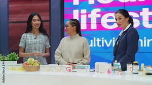TV Talk Show Infomercial: Diverse Female Professionals Present Mock-up Beauty Products Boxes. Host, Expert, Doctor Talk Health Care Supplements, Cosmetics. Playback Television Advertisement Commercial