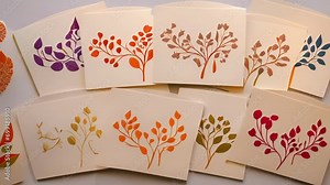 A set of intricately handstamped notecards, each one featuring a unique and playful design that captures the essence of joyful naivety and handmade artistry.