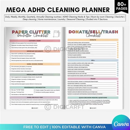 ADHD Cleaning Planner Bundle Pdf Editable Canva,home Cleaning Schedule,weekly,monthly,yearly Cleaning Checklist,declutter,family Chore Chart - Etsy