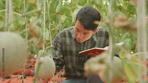 Asian Farmer Is Documenting Data The Yield And Growth Of Melons In Organic Farms With Book. Agriculture Or Cultivation Concept