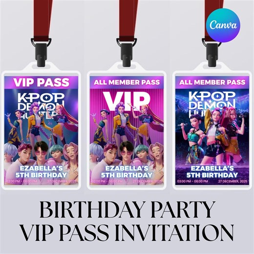 Demon Hunter Birthday VIP Pass, Huntrix ID Badge, Printable Kpop VIP Card, Party Favors, K-pop Party Pass, Digital Download, Canva Editable - Etsy