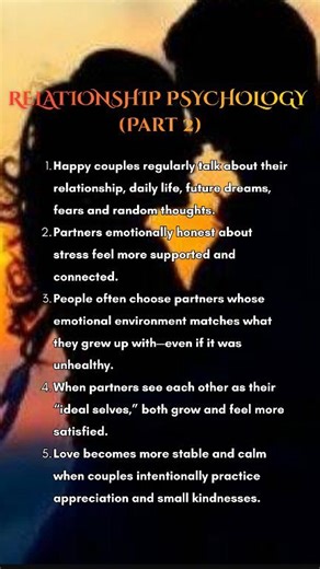 👉👉👉👉👉👉👉👉👇👇👇👇People in the happiest relationships talk about their day, their feelings, their future and random little things.5 relationship psychology facts:Happy couples talk about life, feelings, future and random thoughts daily.Sharing stress honestly makes partners feel more supported.People often choose partners who feel emotionally familiar, even if unhealthy.Seeing each other as “ideal selves” helps both grow.Regular appreciation and small kindnesses keep love stable.Follow fo