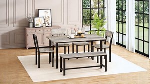 AWQM 6-Piece Dining Set, Modern Dining Table Set for 4-6,Kitchen Table Set with Chairs and Bench,Dining Room Table Set with Metal Frame & MDF Board, Table & Chairs Set for Small Space,Apartment,Grey