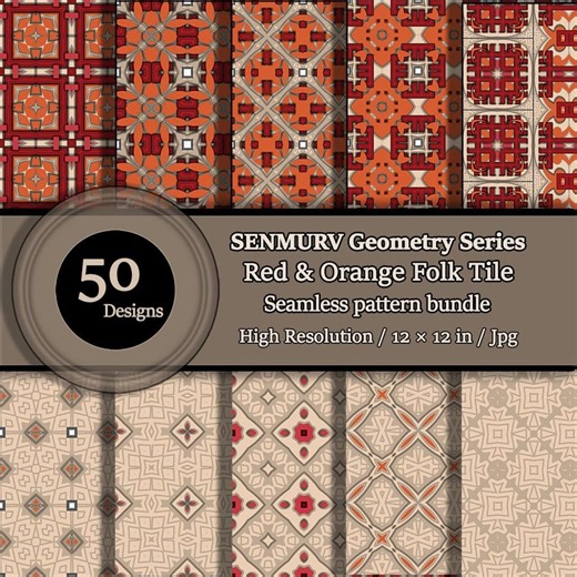 Red & Orange Geometric Seamless Patterns Bundle, Folk Tile Design, 50 Digital Papers, 12x12 inch, Instant Download