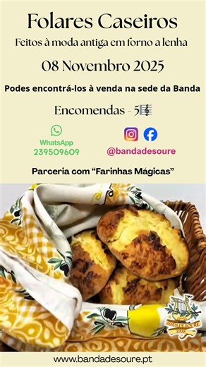 🎶 A Banda de Soure volta a juntar a música à tradição! Este ano teremos folares de forno de lenha à venda na nossa sede, no dia 8 de novembro 🥮 Faz já a tua encomenda pelo WhatsApp 239 509 609, pelo email geral@bandadesoure.pt ou através das nossas contas de Instagram e Facebook. | Banda de Soure