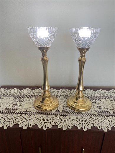 Vintage Brass Tone Candle Stick Lamps – Cut Crystal Glass Shades, Pair - Etsy