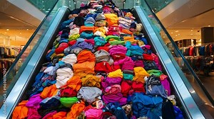 A vibrant assortment of clothes tumbles down an escalator in a busy clothing store. Mass market waste and consumerism