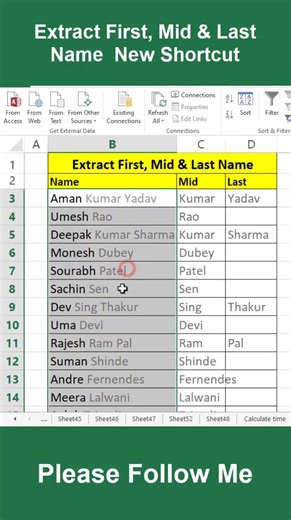 3.8K views · 121 reactions | Extract Name in ms excel | Extract First Name and last Name in ms excel | tips and tircks | Time saving shortcut in ms excel | Excel tips and tricks in ms excel | #msexcel #exceltips #exceltricks #excelshorts #shorts #viral #reels #excelhacks #excelshortcutkeys | #excelformula #interviewquestions #deepakyadavsir @deepakyadavsir | How to Extract First Name in ms excel | Deepak Yadav Sir | Facebook
