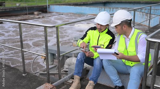 Professional environmental engineers inspecting a modern wastewater treatment plant process, monitoring water quality and aeration system for industrial sustainability and ecology.