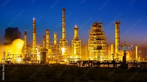 scene captures an industrial landscape, reminiscent of a refinery or chemical plant, featuring towering distillation columns and smokestacks.