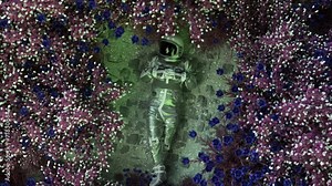 Astronaut at rest in a mystical glade of blue and violet flowers, a 3D tableau blending the allure of space with fantasy flora.