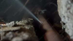 Plumber repairing leaking broken plumbing pipe installing pipe repair clamp on iron rusty pipe of the heating system in basement of house.