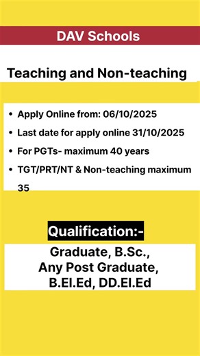 DAV Schools Recruitment 2025: TGT PGT PRT & Non-Teaching Jobs Out! | Eligibility, CBT Exam,