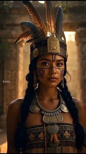 A young Aztec woman in ceremonial attire stands in an ancient temple ruin during golden hour.