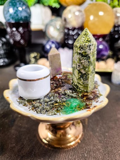 Permanent Prosperity Pedestal Bowl | 4.5" Resin Sealed Altar Decor | Includes Atlantisite & Pyrite Points | Witchcraft Decor - Etsy