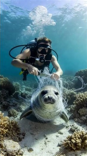 Scuba Diver Saves a Baby Seal Trapped in Fishing Nets 🦭🌊#animals #rescue #wildlife