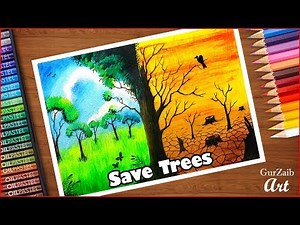 How to draw save trees poster chart drawing for competition (very easy) step by step