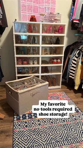 Dee Marie✌🏼 secondhand style & custom goods on Instagram: "Backle the button ladies, it’s go time. Comment SHOE and I’ll send your the shopping links to this cabinet and the zipper one I’m using for off-season shoes! Both are extremely affordable and literally require zero tools. Don’t mind my inside out shirt and stickers all over my arm ok?! #adhdprojects #squirrelbrain #shoestorage #amazonfinds"