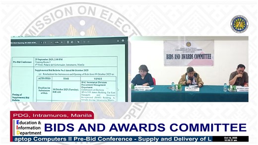 Bids and Awards Committee Opening of Bids Supply and Delivery of Workstation with 4gb Graphic Card for COMELEC Data Center 14 October 2025 Training Room 3, 4th Floor Palacio del Gobernador Intramuros, Manila | COMELEC