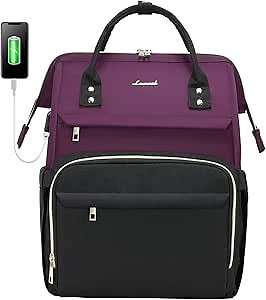 LOVEVOOK Laptop Backpack for Women Fashion Business Computer Backpacks Travel Bags Purse Doctor Nurse Work Backpack with USB Port, Fits 15.6-Inch Laptop Dark Purple-Black