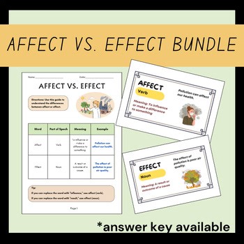 Affect vs Effect Worksheets and Flash cards Bundle for Middle School ELA