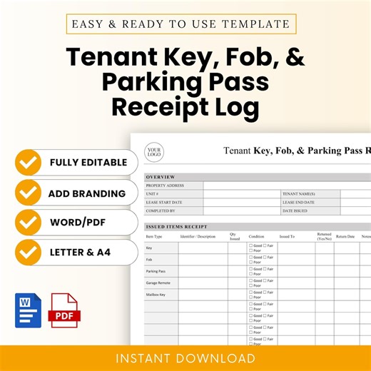 Tenant Key, Fob, and Parking Pass Receipt Log – Word & PDF, A4 + US Letter - Etsy Australia