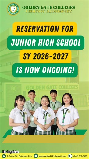 Basic Education reservation is now ongoing for S.Y. 2026–2027! 💚💛 Secure your child’s slot and give them a strong start toward a brighter future. See you, future Goldenians! 𝐍𝐨𝐭𝐞: 𝐓𝐡𝐞 𝐛𝐚𝐜𝐤𝐠𝐫𝐨𝐮𝐧𝐝 𝐦𝐮𝐬𝐢𝐜 𝐮𝐬𝐞𝐝 𝐢𝐧 𝐭𝐡𝐢𝐬 𝐯𝐢𝐝𝐞𝐨 𝐛𝐞𝐥𝐨𝐧𝐠𝐬 𝐭𝐨 𝐢𝐭𝐬 𝐫𝐢𝐠𝐡𝐭𝐟𝐮𝐥 𝐨𝐰𝐧𝐞𝐫. 𝐍𝐨 𝐜𝐨𝐩𝐲𝐫𝐢𝐠𝐡𝐭 𝐢𝐧𝐟𝐫𝐢𝐧𝐠𝐞𝐦𝐞𝐧𝐭 𝐢𝐧𝐭𝐞𝐧𝐝𝐞𝐝. #GoldenGateColleges #YourGatewayToSuccess | Golden Gate Colleges