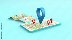 Smartphone locator city sign and location pin or navigation icon travel search symbol. 3D abstract concept background transport. 4K UHD video animation camera view.